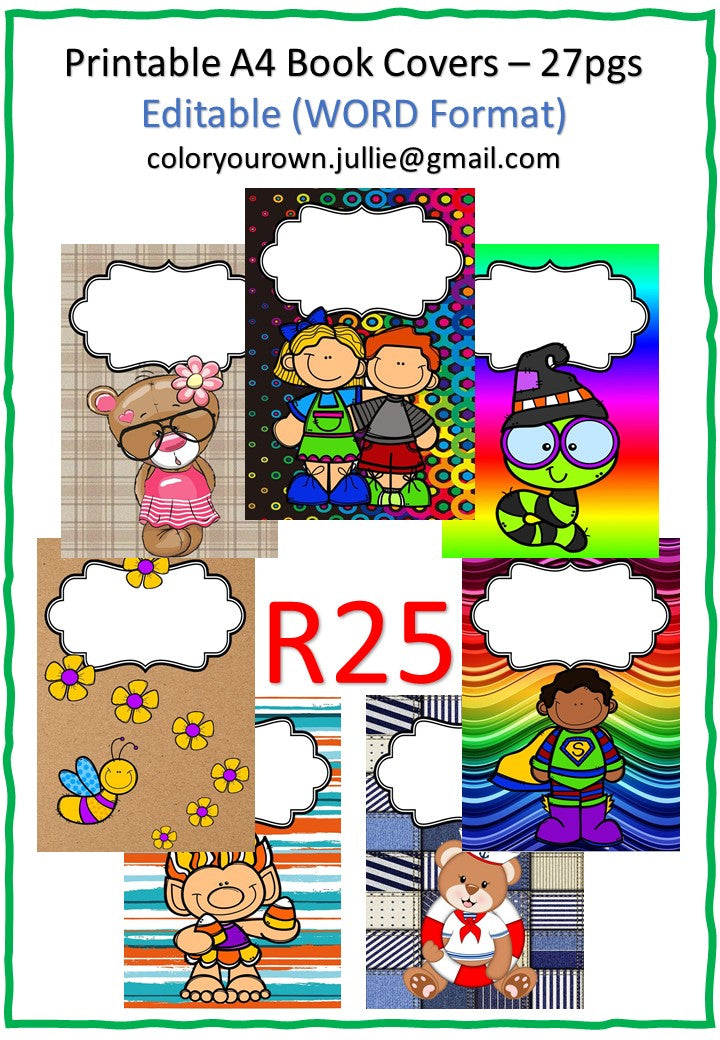 Printable Book Covers A4 size (EDITABLE) WORD Format – KleuterKreatief
