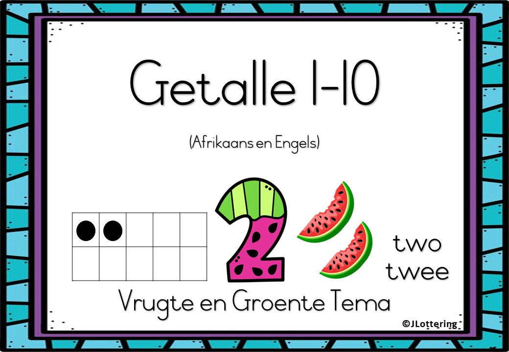 Numbers 1-10 (Fruit and Veg Theme) Afrikaans and English – KleuterKreatief