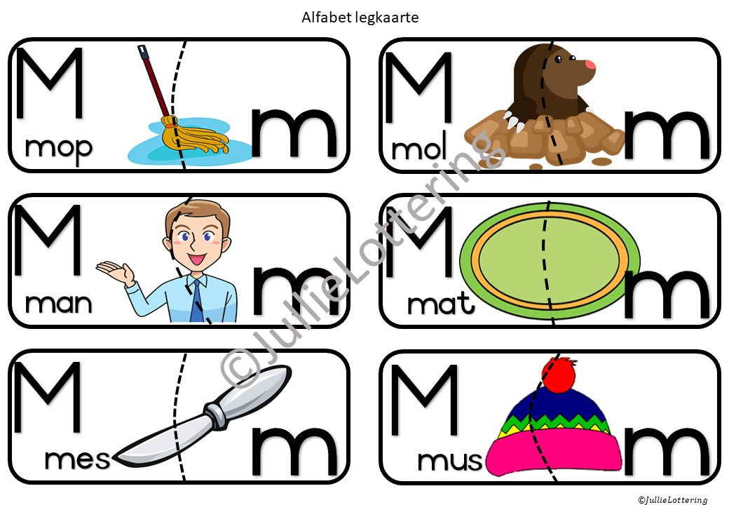 Alphabet letter m- puzzle/legkaarte Afrikaans and English – KleuterKreatief